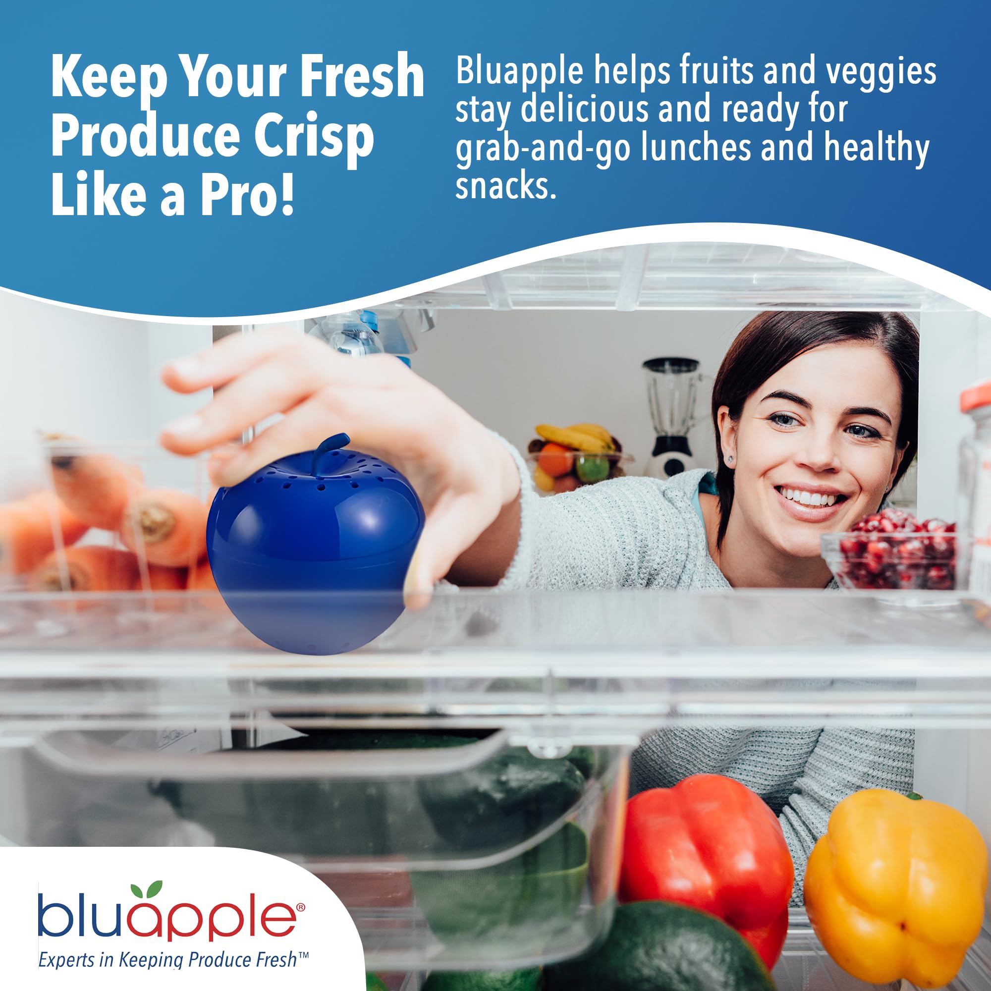 Bluapple Produce Saver Combo Pack - Keeps Fruits & Veggies Fresh in Refrigerator Crisper/Shelves, Lasts up to 3 Months, 8 Packets and 2 Bluapples for 1 Year, BPA Free Ethylene Gas Absorber, USA Made