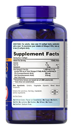 Puritans Pride Triple Strength Omega-3 Fish Oil 1360 Mg (950 Mg Active Omega-3), 240 Count, Package may vary