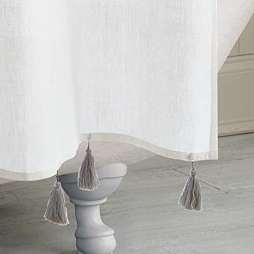 Peri Home Panama Stripe Boho Farmhouse Tassel Shower Curtain 100% Cotton Fabric Shower Curtain with Tassels for Bathroom Decor, 72 x 72 inches, Grey