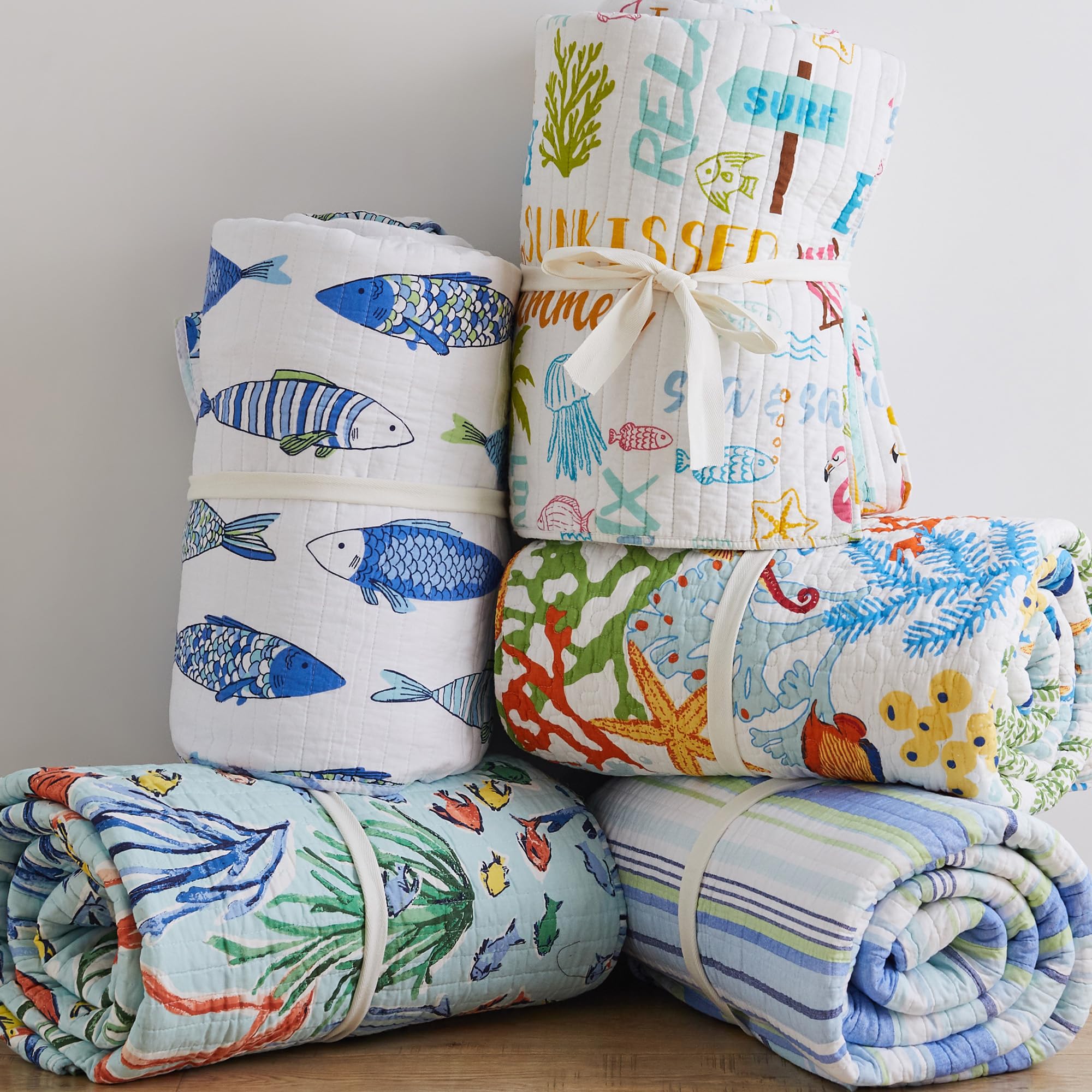 Levtex Home Laida Beach Bedding Set - 3Piece, Blue, Cotton, King Quilt & 2 Shams, Reversible, Coastal Stripe, Tropical Fish