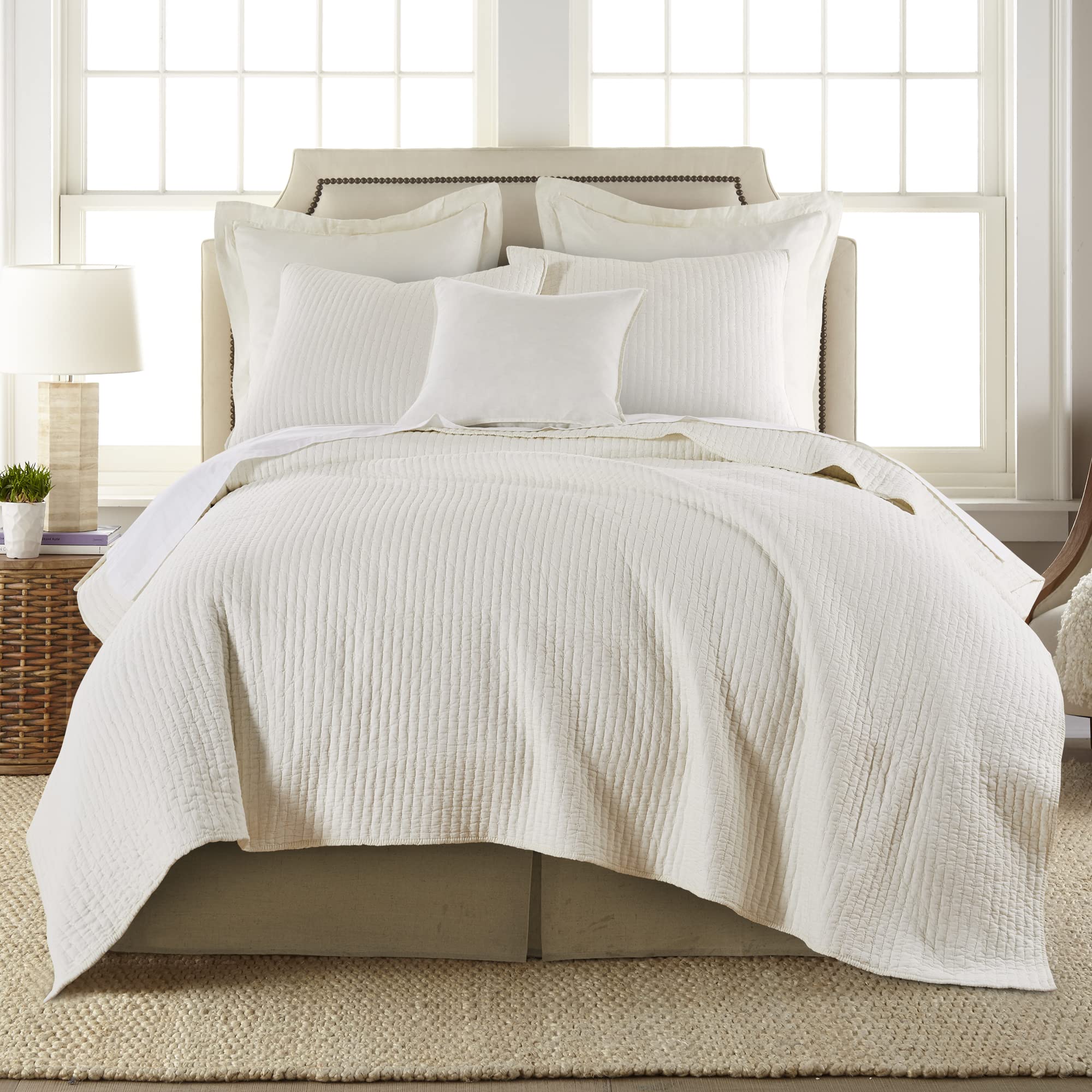 Levtex Home - Cross Stitch Quilt Set - 100% Cotton - King Quilt (106x92in.) + 2 King Shams (36x20in.) - Cream