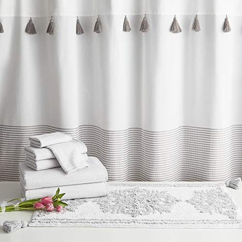 Peri Home Panama Stripe Boho Farmhouse Tassel Shower Curtain 100% Cotton Fabric Shower Curtain with Tassels for Bathroom Decor, 72 x 72 inches, Grey