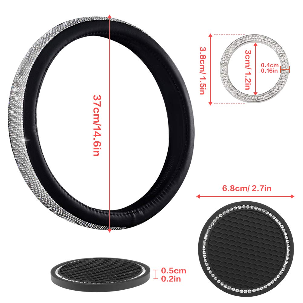 Diamond Bling Steering Wheel Cover for Women Universal Fit 15 Inch, Sparkly Car Wheel Protector with Bling Cup Holder Insert Coasters Rhinestone Ring Emblem, 5 Pack Car Interior Accessories