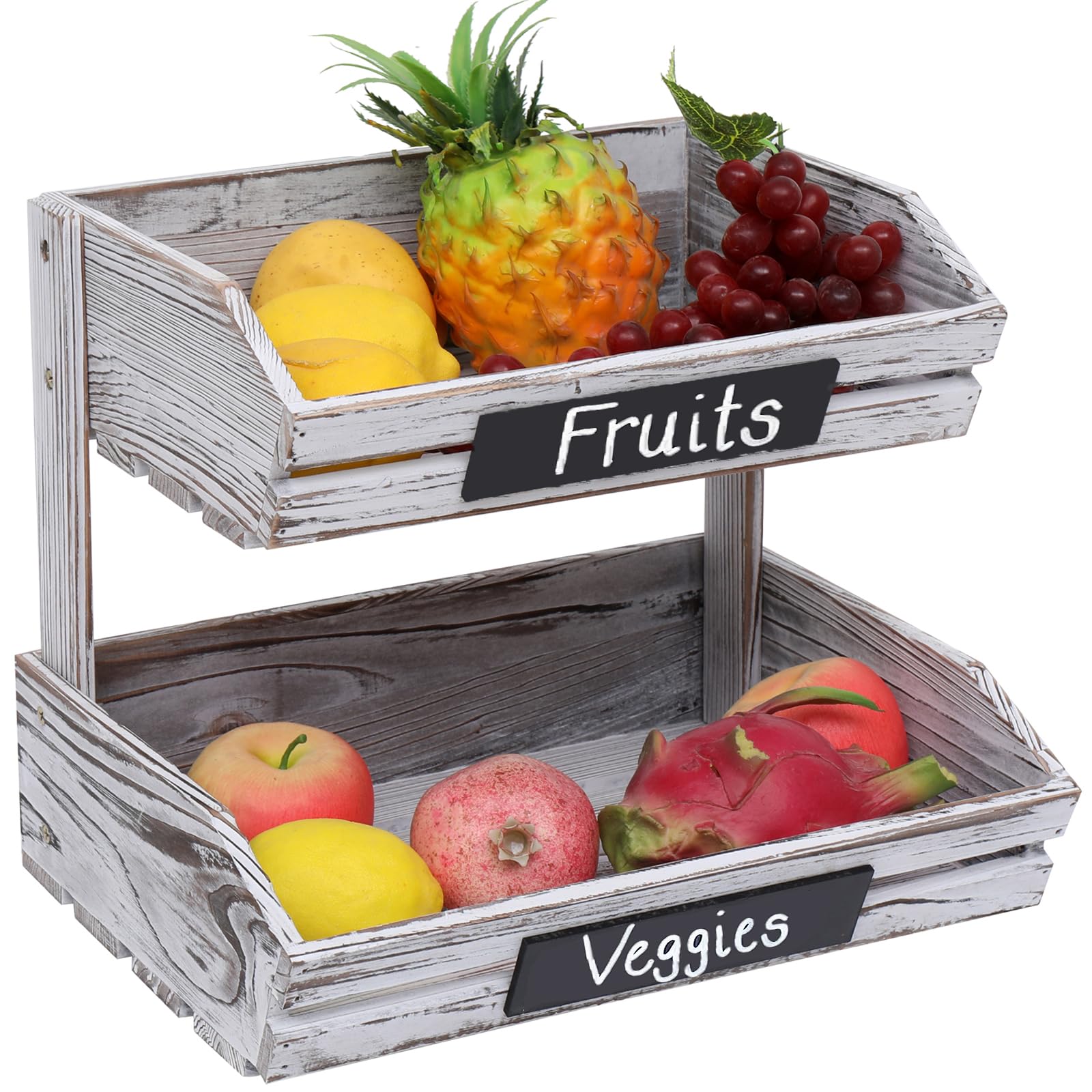 HYLEHE Fruit Basket Holder Vegetable Stand Bread Racks,2 Tier Farmhouse Standing Wooden Organizer,Classic Pastoral Food Basket for Kitchen,Office,Dining Room and Guest Room (Need Assemble)