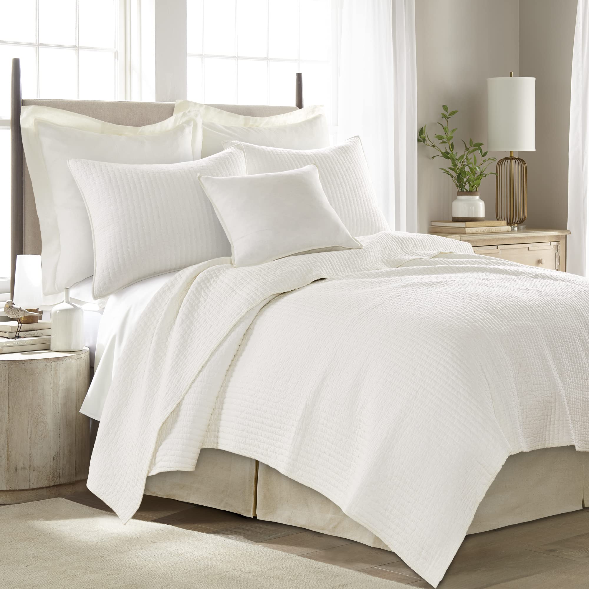 Levtex Home - Cross Stitch Quilt Set - 100% Cotton - King Quilt (106x92in.) + 2 King Shams (36x20in.) - Cream