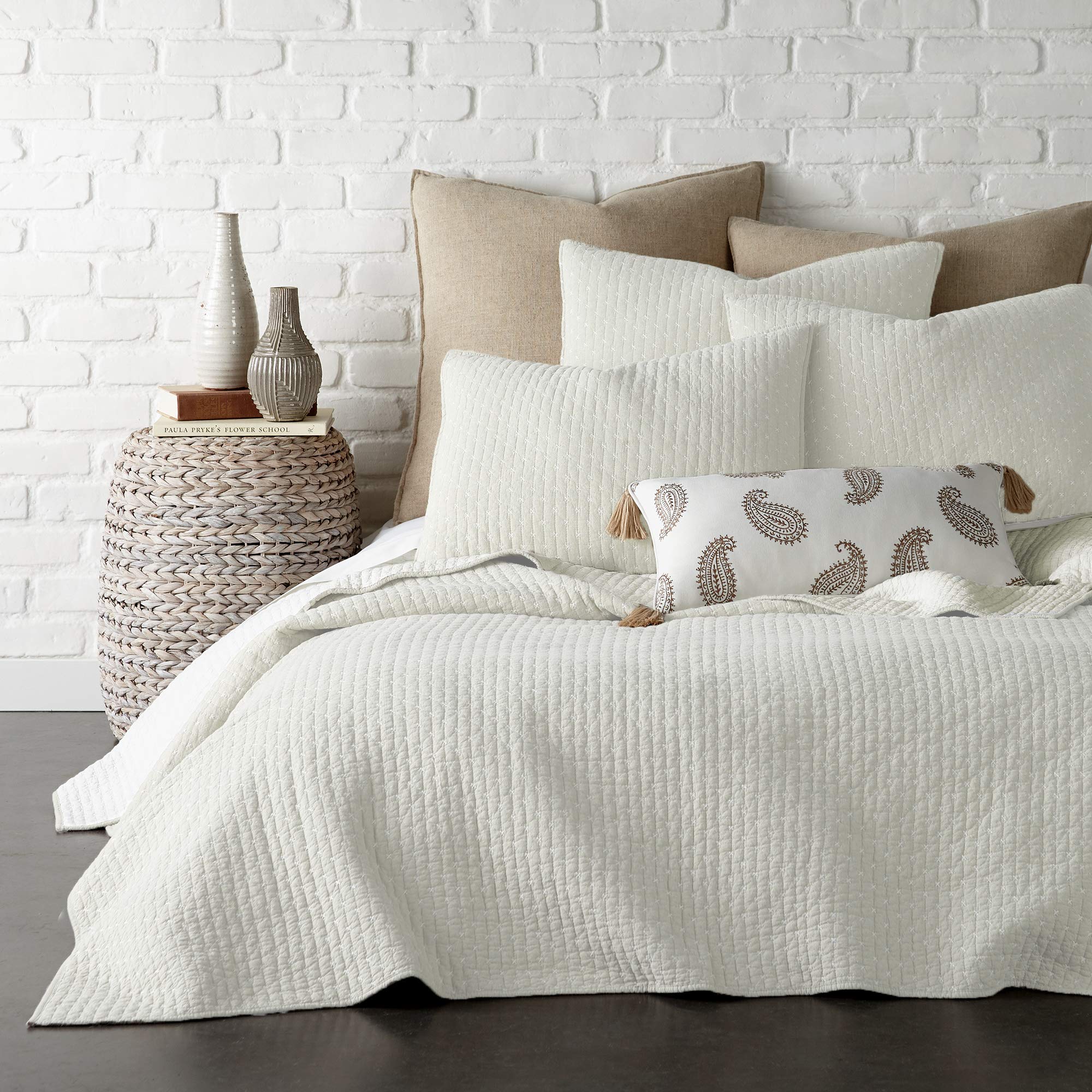 Levtex Home - Cross Stitch Quilt Set - 100% Cotton - King Quilt (106x92in.) + 2 King Shams (36x20in.) - Cream