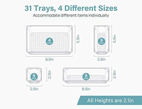 Kootek 31 Pcs Clear Plastic Drawer Organizer Set, 4-Size Bathroom Drawer Organizers Non-Slip Desk Dividers Trays, Versatile Storage Bins for Makeup, Jewelry, Vanity, Bedroom, Kitchen, Office