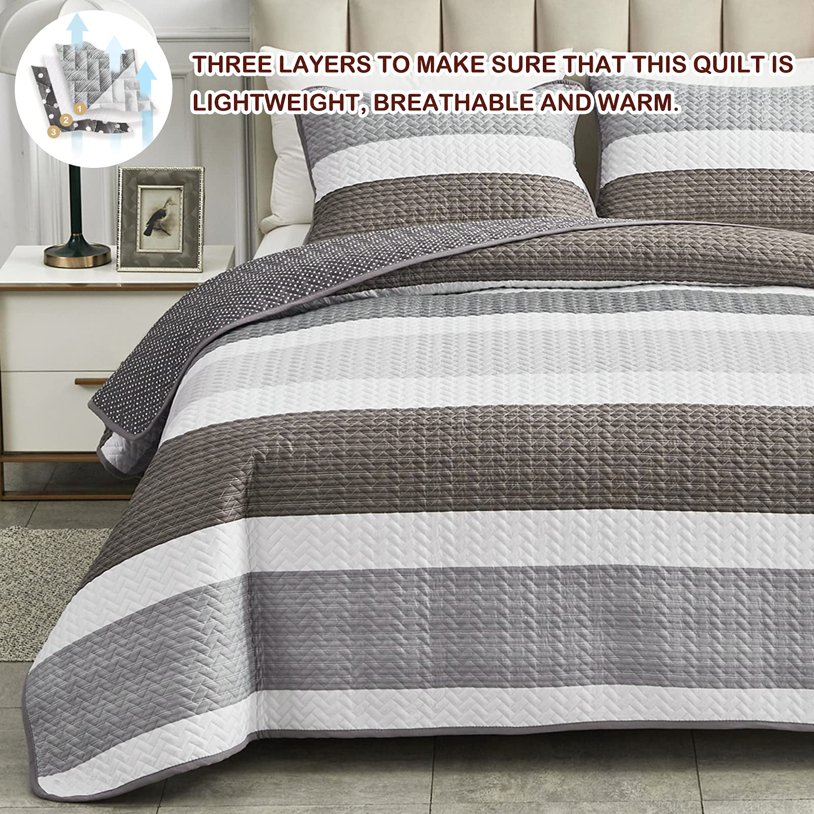 Joyreap 3 Pieces Quilt Set Full/Queen, Light Gray n Brown Stripes Design, Smooth Soft Microfiber Quilt, Bedspread Bed Cover for All Season, 1 Quilt and 2 Pillow Shams- 90x90 inches