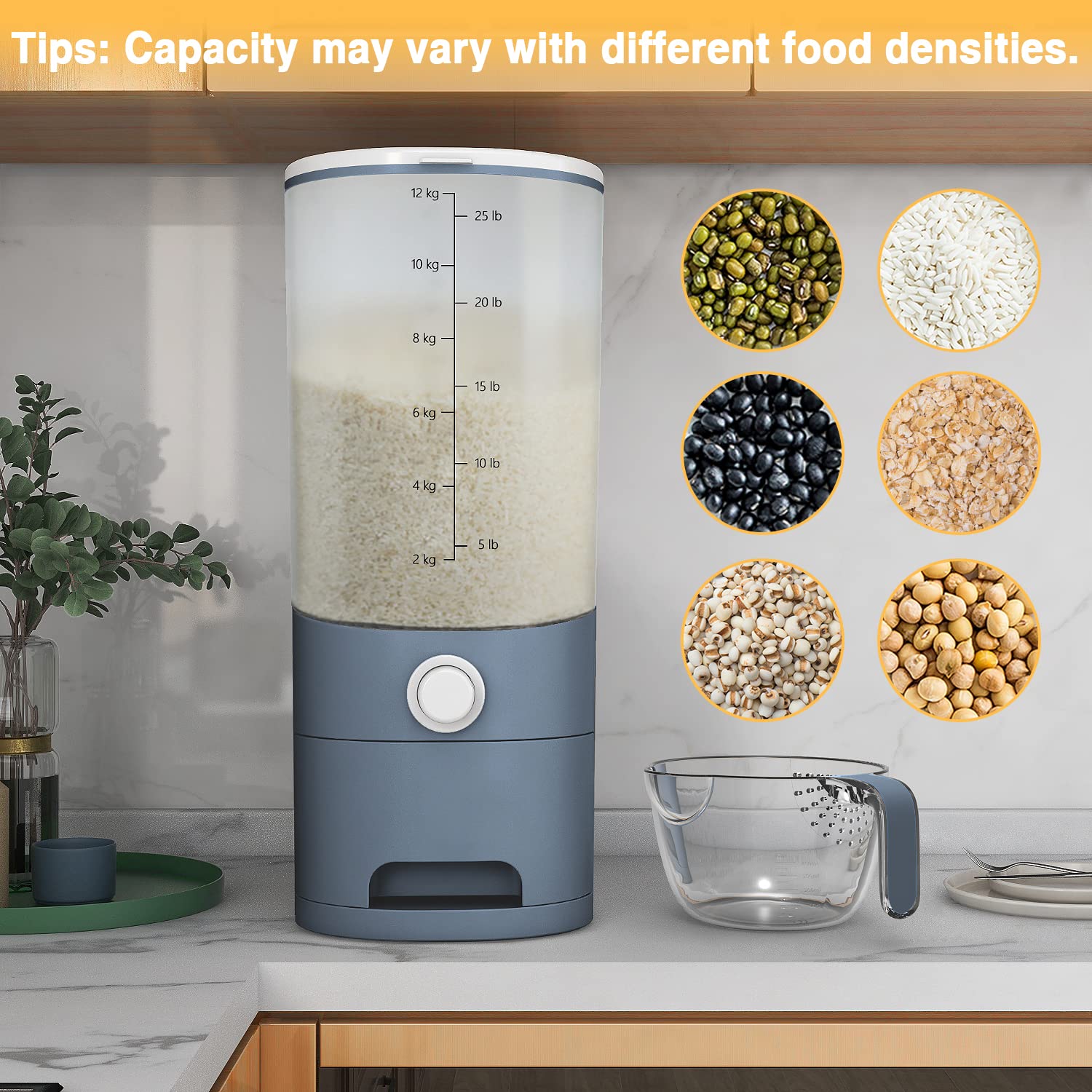 Tomus-UNI 26.5 Lbs Rice Dispenser, Large Sealed Integrated Grain Container Storage, Rice Container with Measuring Cup, Food Dispenser Kitchen Organization for Rice, Beans, Grains, Small Dry Food
