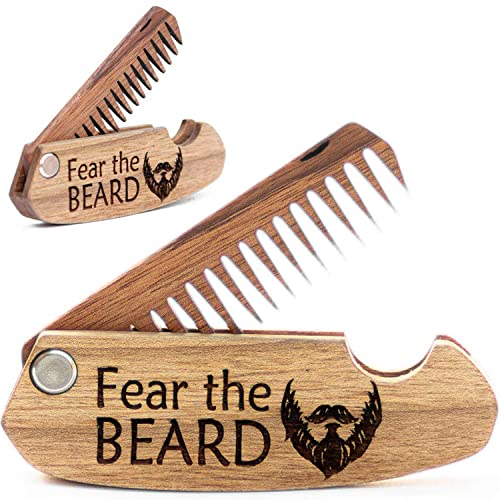 Wooden Beard Comb for Men Folding Pocket Comb for Moustache Beard & Hair Walnut Combs with the Engraving (Fear The Beard)