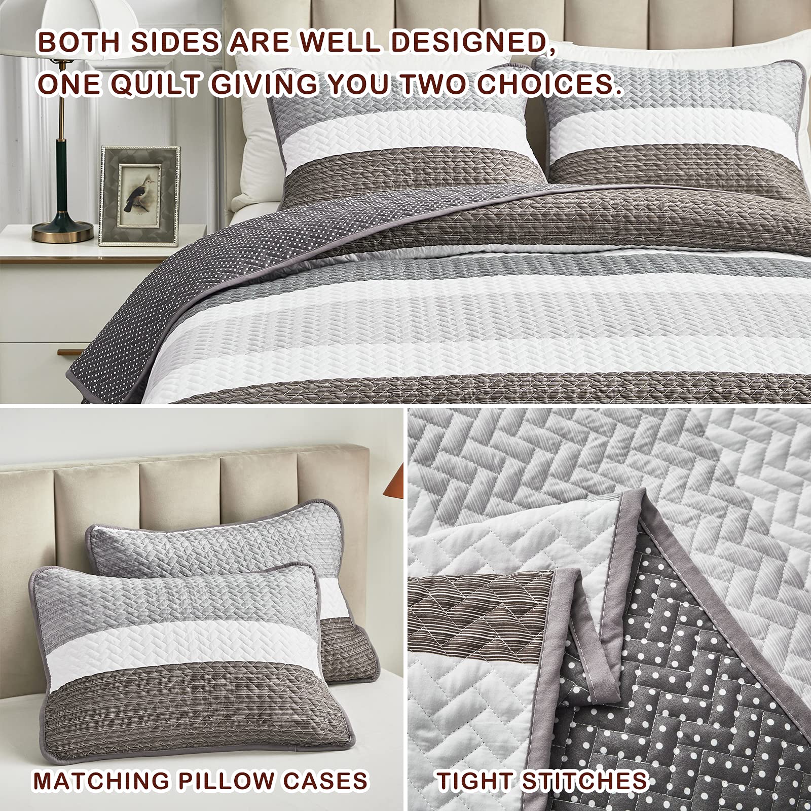 Joyreap 3 Pieces Quilt Set Full/Queen, Light Gray n Brown Stripes Design, Smooth Soft Microfiber Quilt, Bedspread Bed Cover for All Season, 1 Quilt and 2 Pillow Shams- 90x90 inches