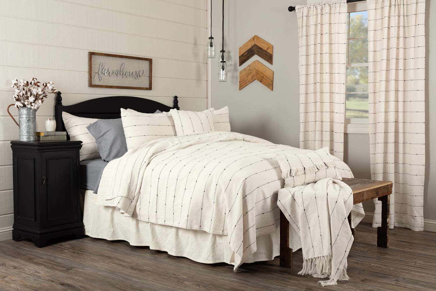 Piper Classics Farmcloth Stripe Queen Coverlet Bedspread, 94" x 94", Urban Rustic Farmhouse Bedding, Natural Cream Woven w/Black Stripes Blanket
