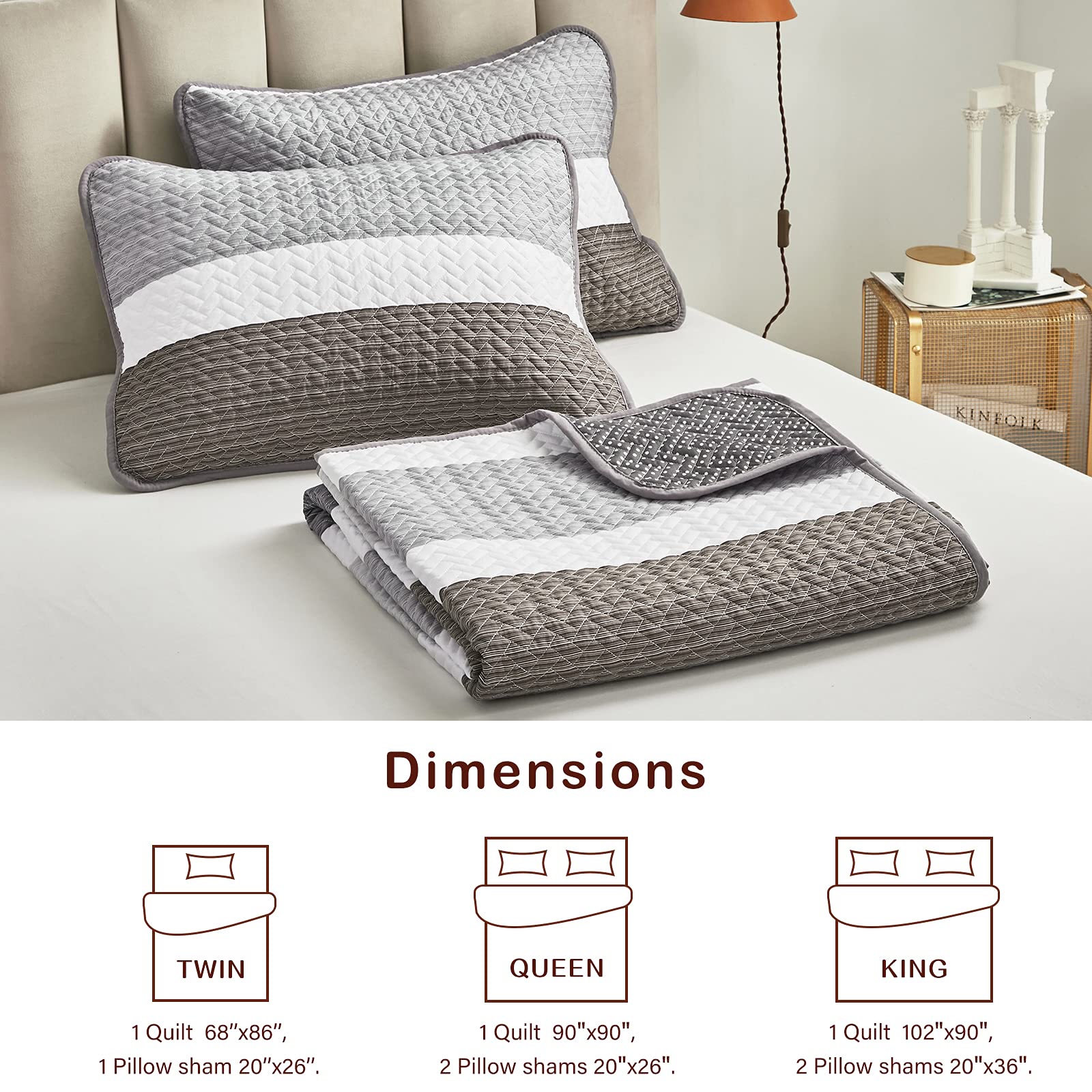 Joyreap 3 Pieces Quilt Set Full/Queen, Light Gray n Brown Stripes Design, Smooth Soft Microfiber Quilt, Bedspread Bed Cover for All Season, 1 Quilt and 2 Pillow Shams- 90x90 inches