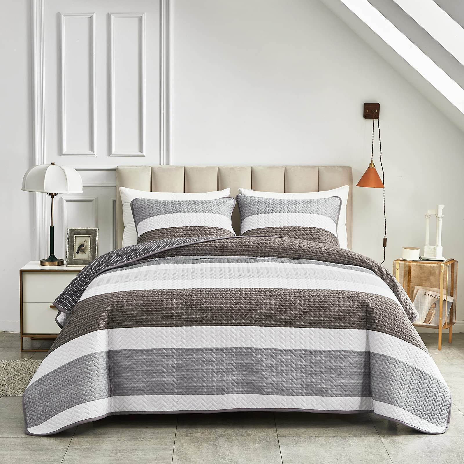 Joyreap 3 Pieces Quilt Set Full/Queen, Light Gray n Brown Stripes Design, Smooth Soft Microfiber Quilt, Bedspread Bed Cover for All Season, 1 Quilt and 2 Pillow Shams- 90x90 inches