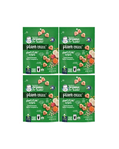 Gerber Organic Baby Food, Toddler, Plant-tastic, plantsYum Hearts, Lentil Banana Carrot Raspberry, 1.48 oz, Pack of 4