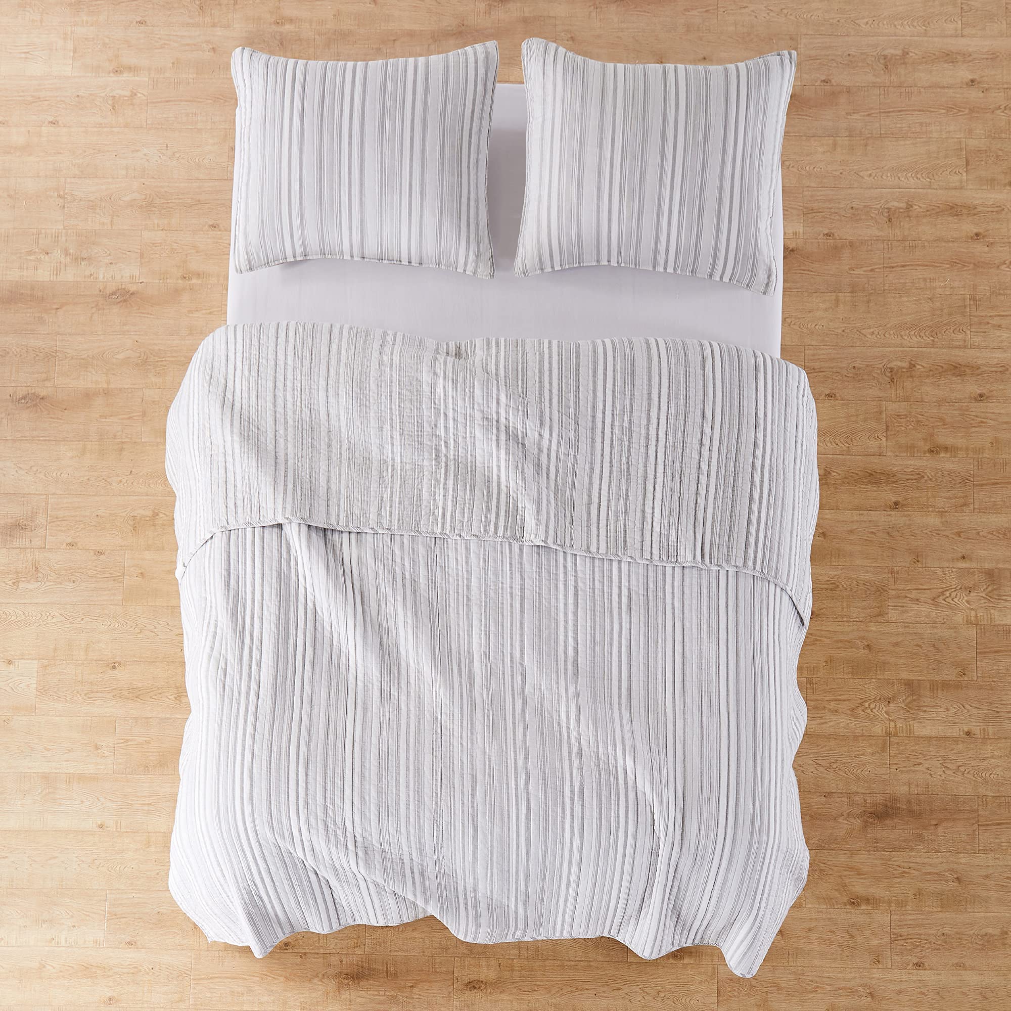 Levtex Home Bondi Stripe Grey King Cotton Quilt Set, Grey and White, Stripe