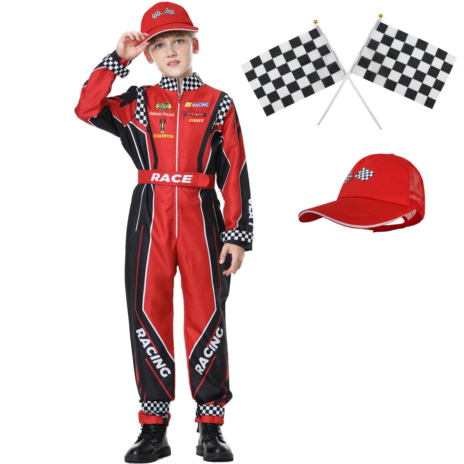 Treyrea Race Car Driver Costume Boys Racer Jumpsuit With Car Cap Kids Dress Up for Halloween (Red and Black, L(for height 54"-57"))
