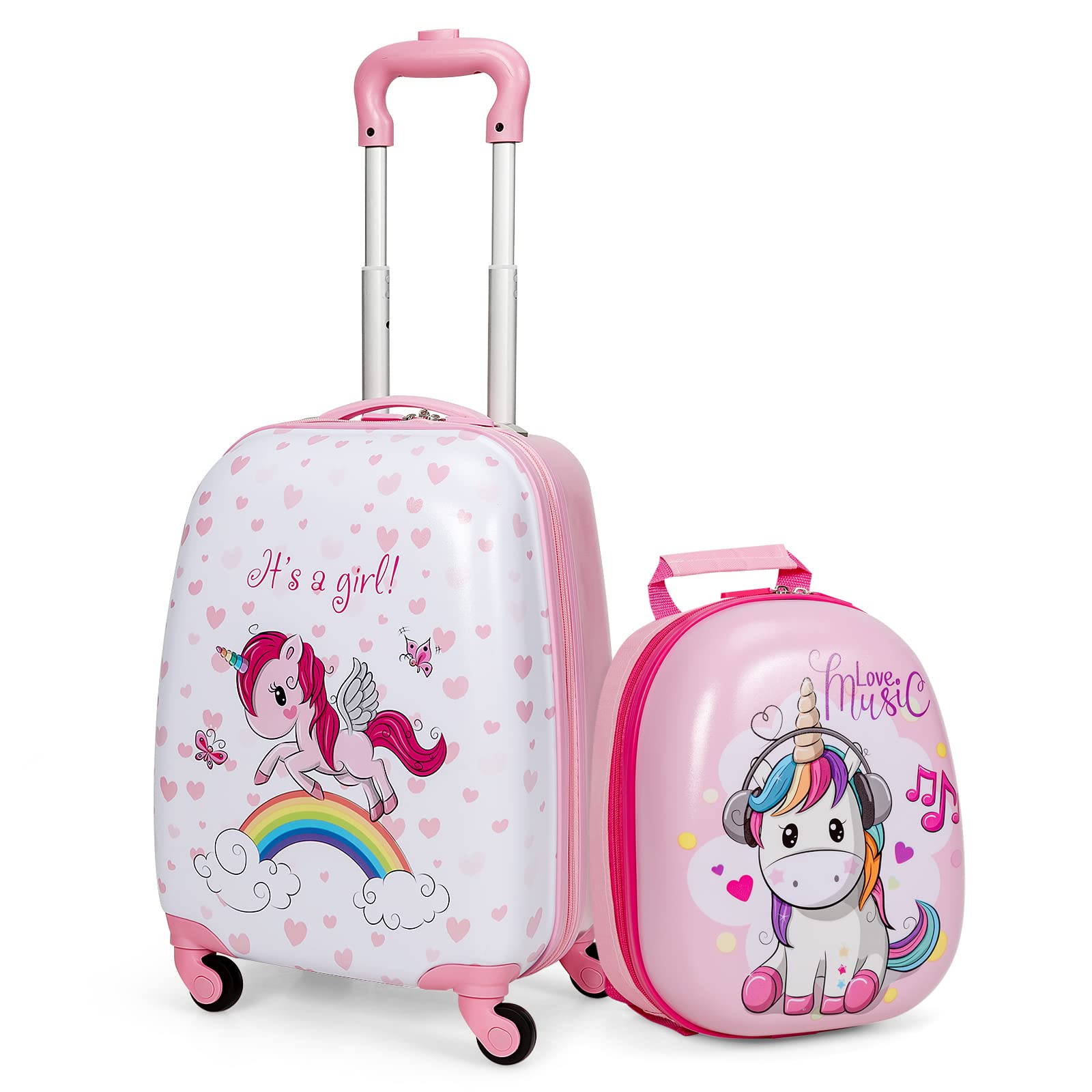 Goplus 2PC Kids Luggage, 12" & 16" Kids Carry On Luggage Set with 4 Spinner Wheels, Lightweight Rolling Spinner Suitcase for Children Toddlers Boys and Girls Travel (Unicorn)