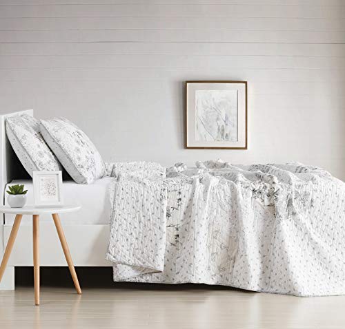 Cottage Classics Kamala Floral Cotton Pieced Quilt Set, King, Grey/Cream