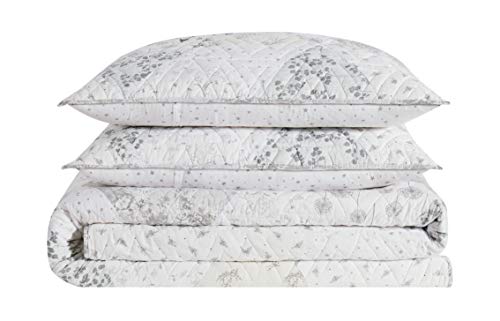 Cottage Classics Kamala Floral Cotton Pieced Quilt Set, King, Grey/Cream