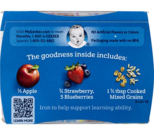 Gerber 2nd Foods Baby Food Tubs, Apple Strawberry Blueberry with Mixed Cereal, 2 - 4 Ounce Tubs Per Pack (Pack of 4)