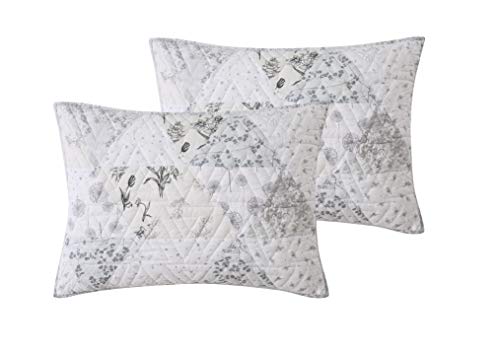 Cottage Classics Kamala Floral Cotton Pieced Quilt Set, King, Grey/Cream