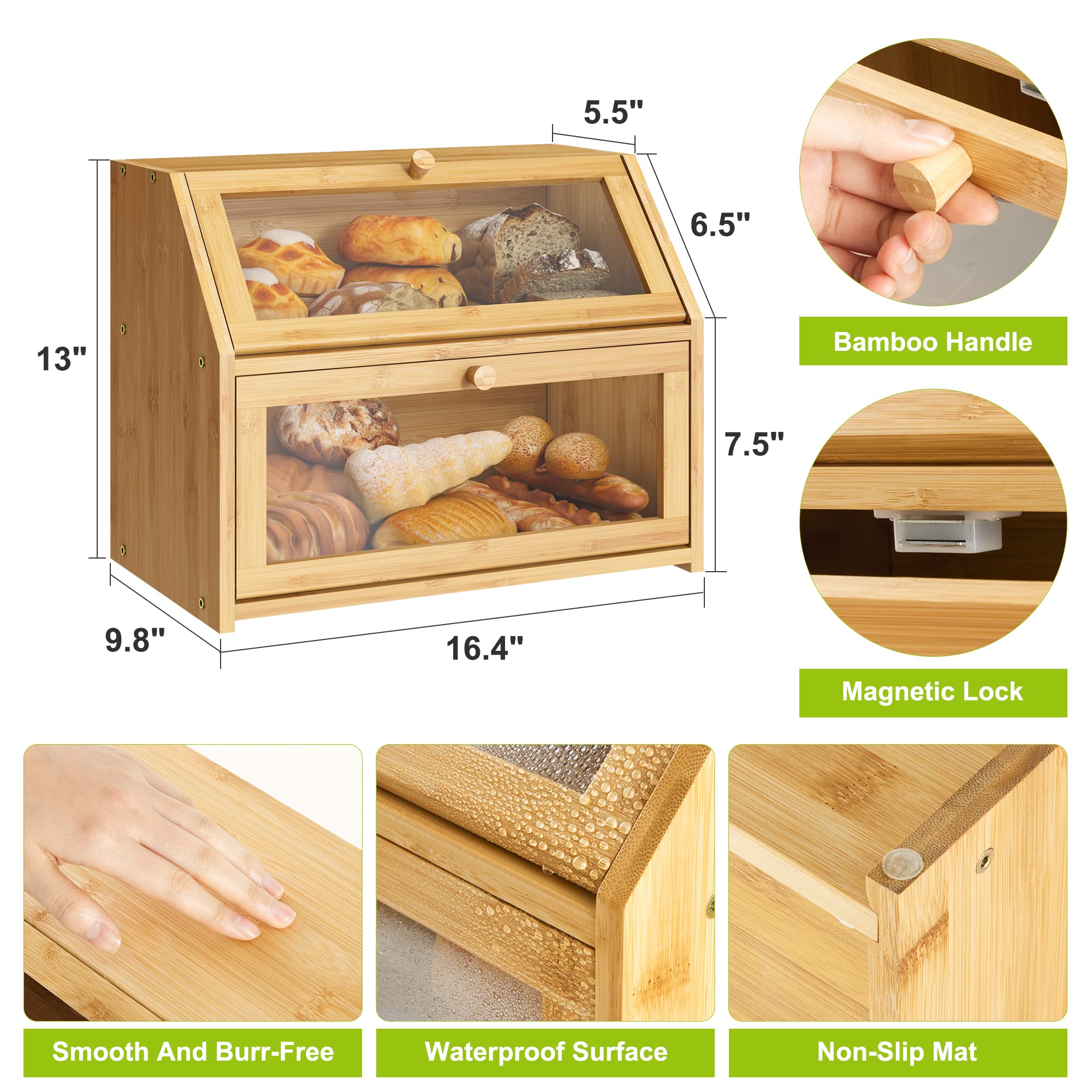 Bread Storage Farmhouse Bread Box For Kitchen Countertop Bread Container With Clear Window Breadbox Double Layer Bamboo Wooden Extra Large Capacity Bin Kitchen Food Storage Container(Trapezoid)Self-Assembly