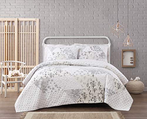 Cottage Classics Kamala Floral Cotton Pieced Quilt Set, King, Grey/Cream
