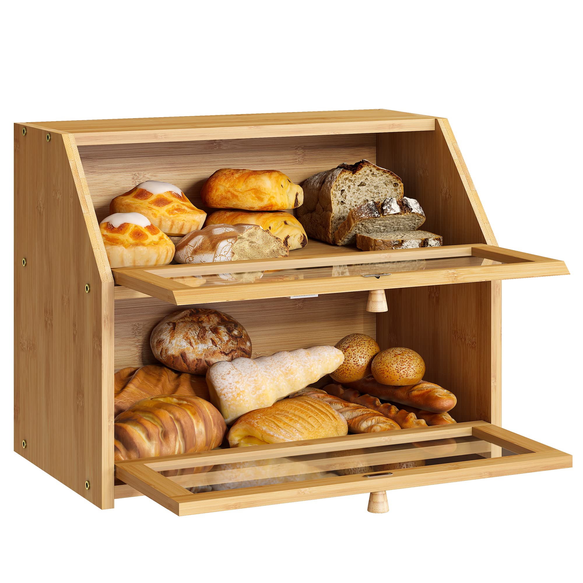 Bread Storage Farmhouse Bread Box For Kitchen Countertop Bread Container With Clear Window Breadbox Double Layer Bamboo Wooden Extra Large Capacity Bin Kitchen Food Storage Container(Trapezoid)Self-Assembly
