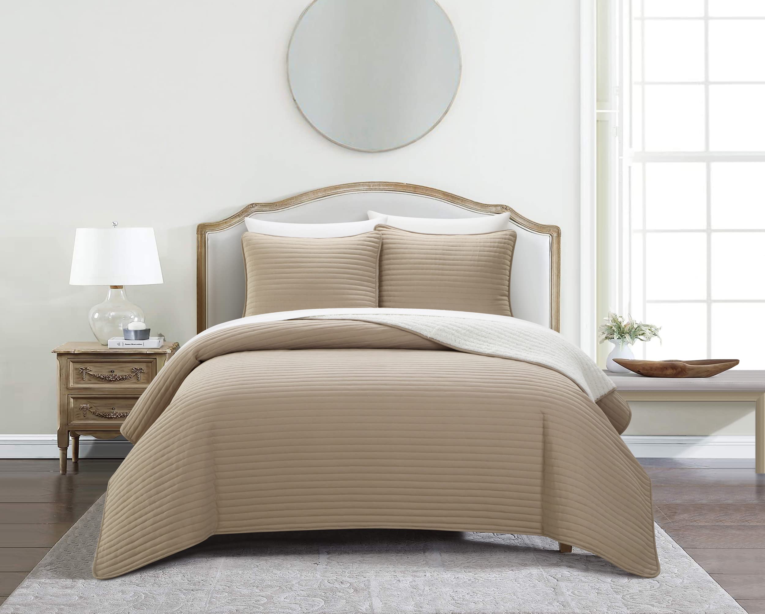 Chic Home St Paul 3 Piece Quilt Set Contemporary Striped Design Sherpa Lined Bedding - Pillow Shams Included, King, Taupe
