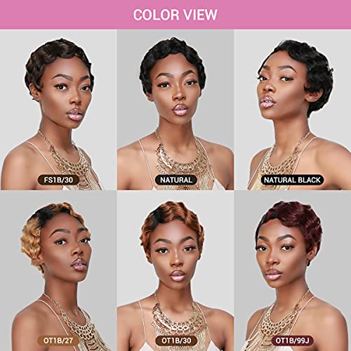 INSTANT FAB Finger Wave Human Hair Wigs for Black Women Short Curly Remi Human Hair Wig Pixie Cut Wigs Nuna Wigs Non Lace Front Wigs (OT1B/99J)