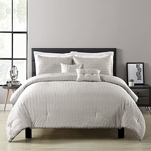 Lush Décor Farmhouse Seersucker 5-Piece Full/Queen Comforter Set (White)