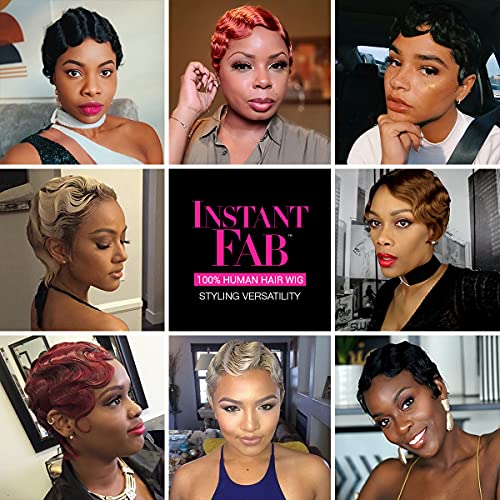 INSTANT FAB Finger Wave Human Hair Wigs for Black Women Short Curly Remi Human Hair Wig Pixie Cut Wigs Nuna Wigs Non Lace Front Wigs (OT1B/99J)