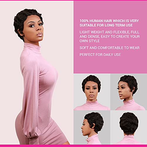 INSTANT FAB Finger Wave Human Hair Wigs for Black Women Short Curly Remi Human Hair Wig Pixie Cut Wigs Nuna Wigs Non Lace Front Wigs (OT1B/99J)
