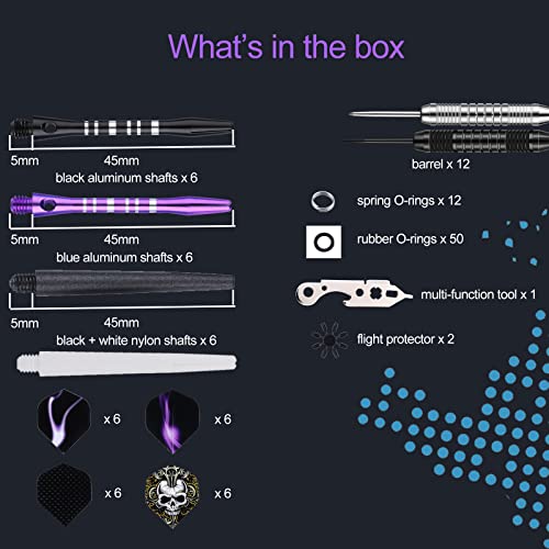 12 Pack Darts Metal Tip Set 22/24 Grams, Steel Tip Darts with Premium Black Purple Aluminum Shafts, Extra 50 Rubber O-rings 6 Nylon Shafts 24 Flights 12 Spring Rings 16 Flights Protector 1 Tool Kit