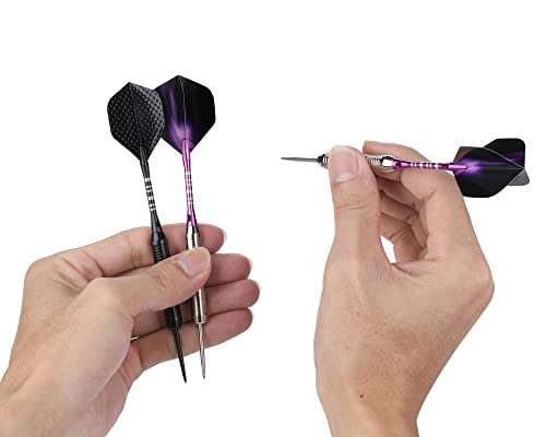 12 Pack Darts Metal Tip Set 22/24 Grams, Steel Tip Darts with Premium Black Purple Aluminum Shafts, Extra 50 Rubber O-rings 6 Nylon Shafts 24 Flights 12 Spring Rings 16 Flights Protector 1 Tool Kit