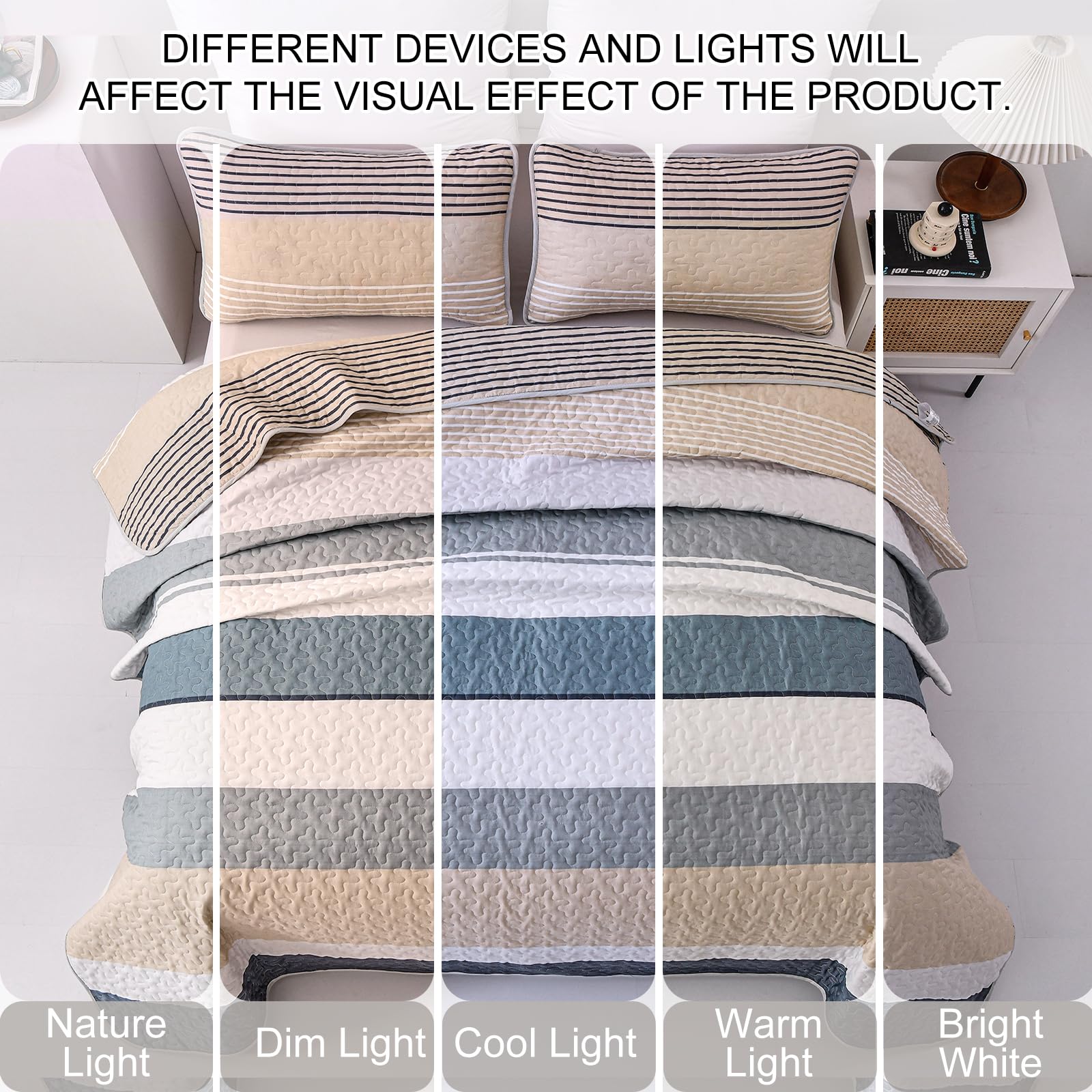 Dinjoy Grey Boho Quilt King Striped Khaki Bedspread Lightweight Boho 3 Pieces Reversible Quilt Set Micofiber Farmhouse Quilt Set with 2 Pillowcases for All Seasons Fall (Gray Striped Quilt)