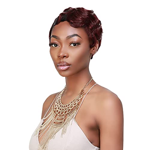 INSTANT FAB Finger Wave Human Hair Wigs for Black Women Short Curly Remi Human Hair Wig Pixie Cut Wigs Nuna Wigs Non Lace Front Wigs (OT1B/99J)
