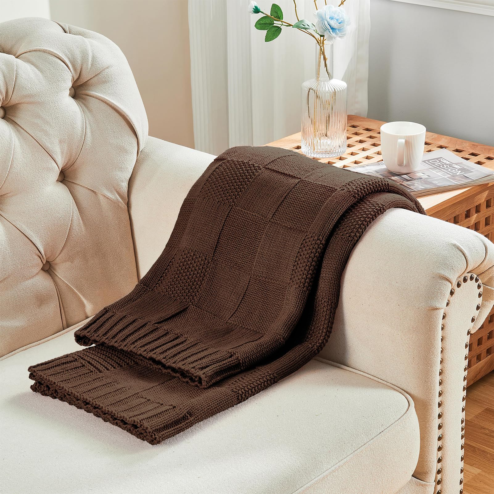 CozeCube Knit Throw Blanket, Brown Checkered Throw Blanket for Couch, Soft Cozy Warm Knitted Throw Blanket for Couch Bed Sofa Living Room, Decorative Spring Fall Throw Blanket 50"X60", Dark Brown