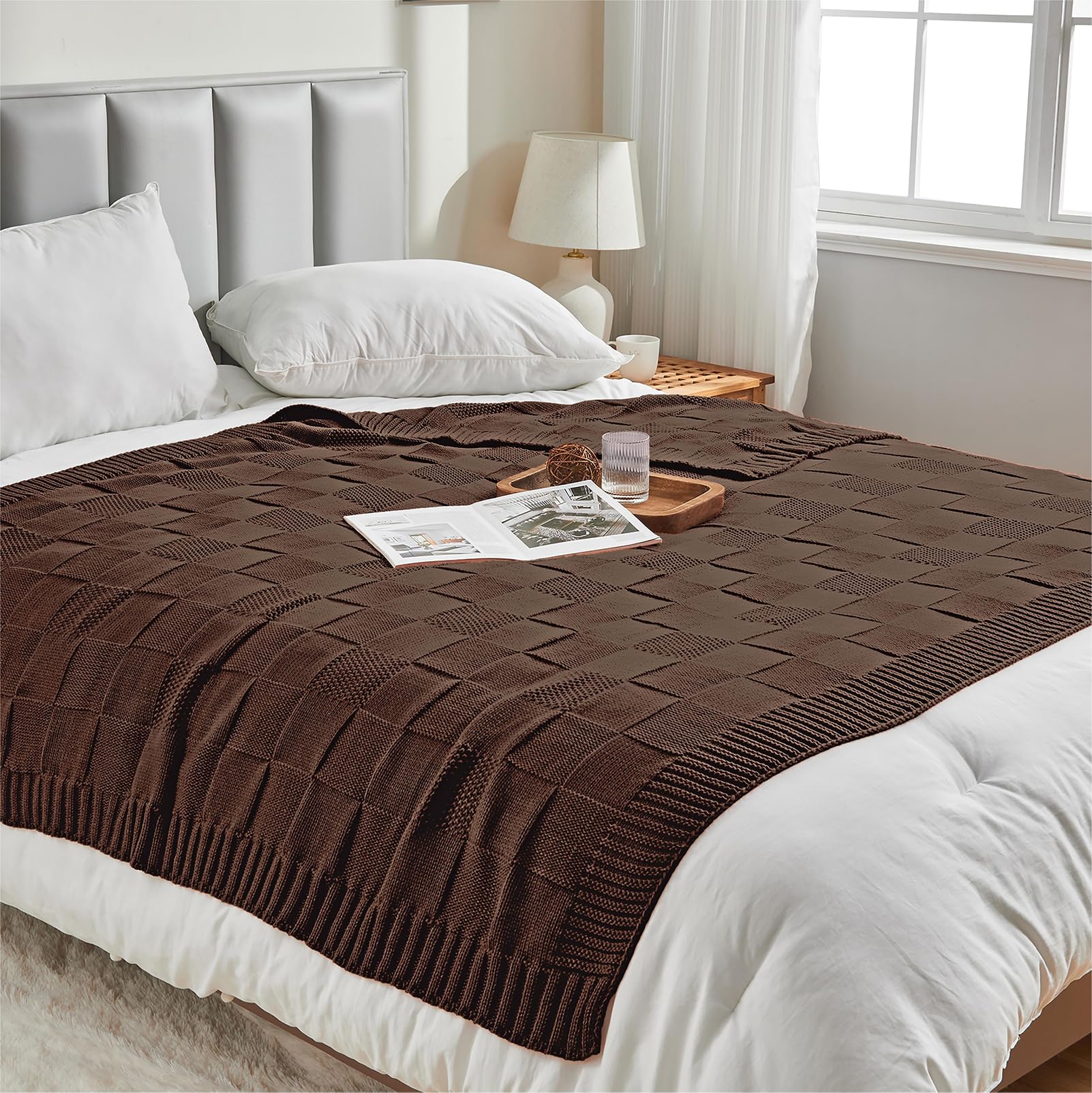 CozeCube Knit Throw Blanket, Brown Checkered Throw Blanket for Couch, Soft Cozy Warm Knitted Throw Blanket for Couch Bed Sofa Living Room, Decorative Spring Fall Throw Blanket 50"X60", Dark Brown