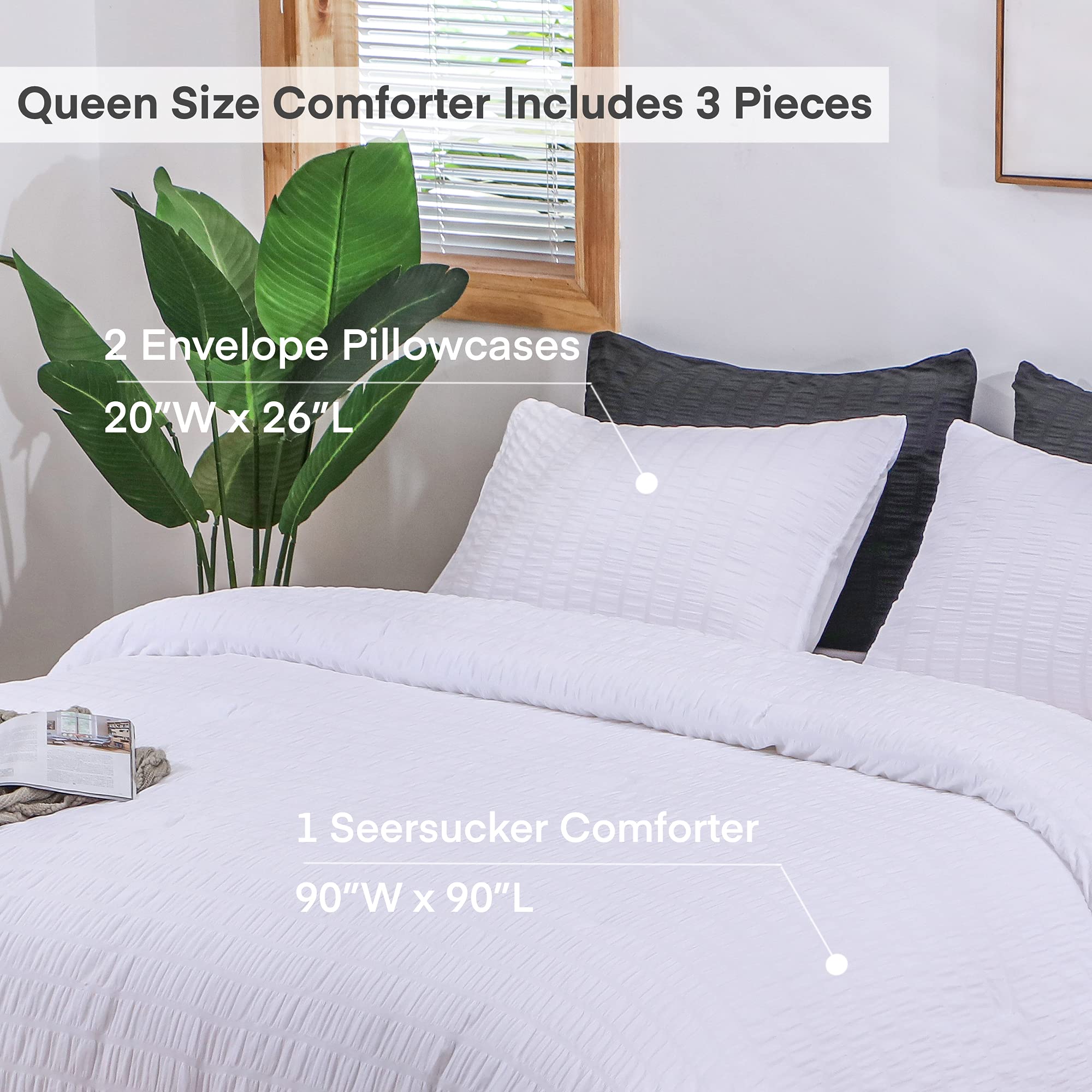 AveLom Seersucker Queen Comforter Set (90x90 inches), 3 Pieces - 100% Soft Washed Microfiber Lightweight Comforter with 2 Pillowcases, All Season Down Alternative Comforter Set for Bedding, White