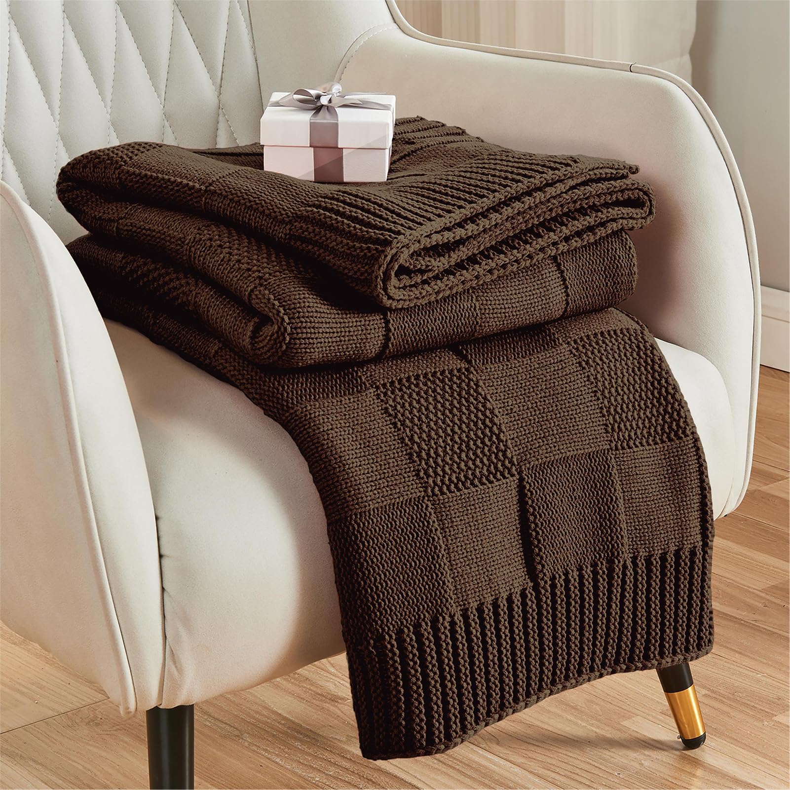 CozeCube Knit Throw Blanket, Brown Checkered Throw Blanket for Couch, Soft Cozy Warm Knitted Throw Blanket for Couch Bed Sofa Living Room, Decorative Spring Fall Throw Blanket 50"X60", Dark Brown