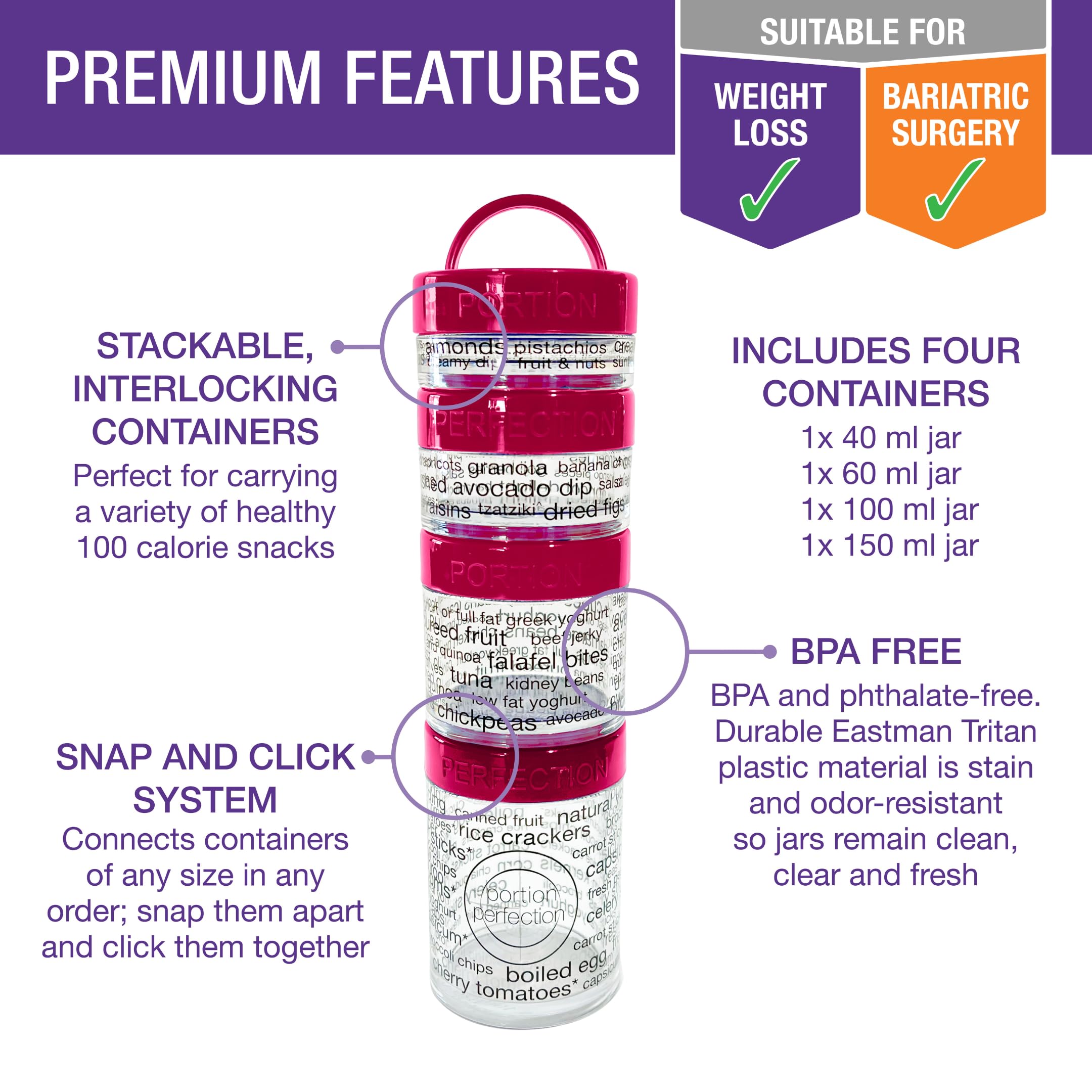 Portion Control Container for Weight Loss | 4 Piece Stackable Snack Container for Adults & Kids | Bariatric Portion Control Containers | On The Go Snack Container with Guide by Portion Perfection