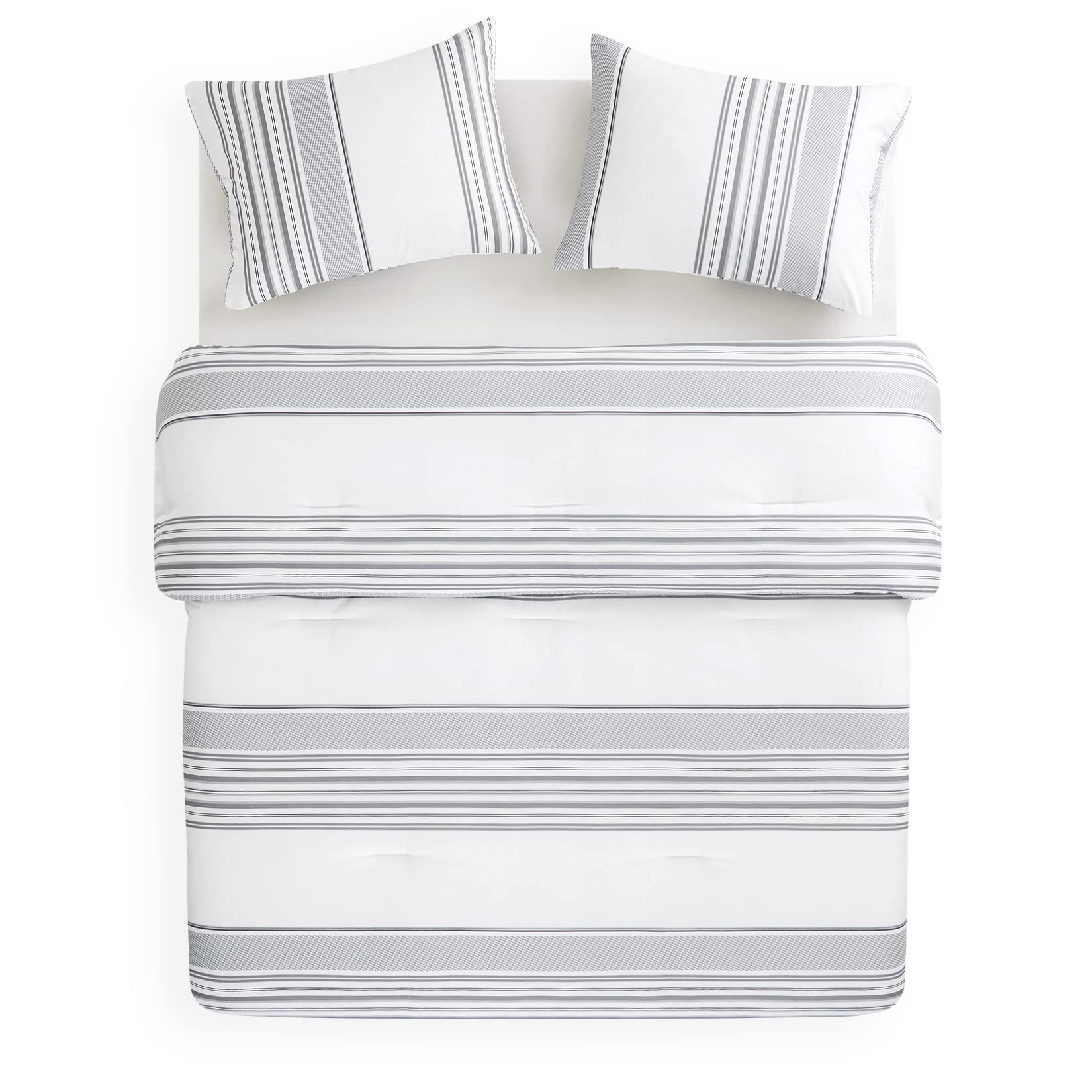 Wake In Cloud - Grey and White Comforter Set King Size, 3 Pieces Lightweight Bedding for Men and Women, Gray Neutral Farmhouse Aesthetic Stripes Striped