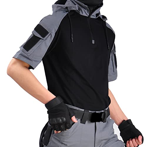 Men's Combat Shirts Tactical Short Sleeve Shirt Cargo Military Airsoft T-Shirt with Hood Gray