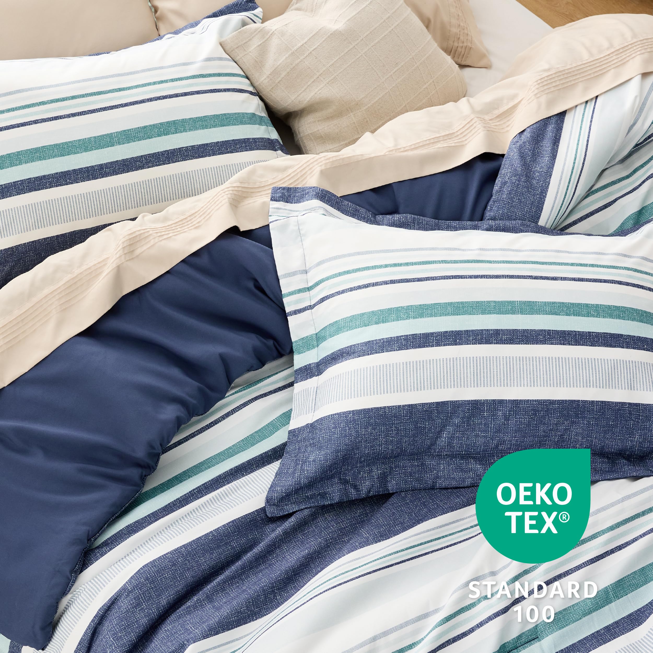 Bedsure Comforter Set Queen Size - Striped Bedding Comforter Set for Boys, 3 Pieces, 1 Soft Reversible Blue Comforter and 2 Pillow Shams