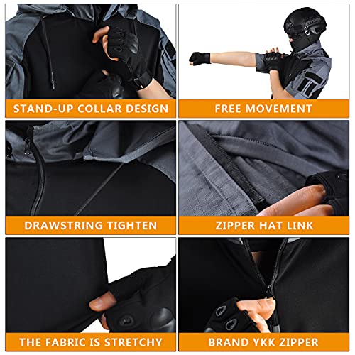 Men's Combat Shirts Tactical Short Sleeve Shirt Cargo Military Airsoft T-Shirt with Hood Gray