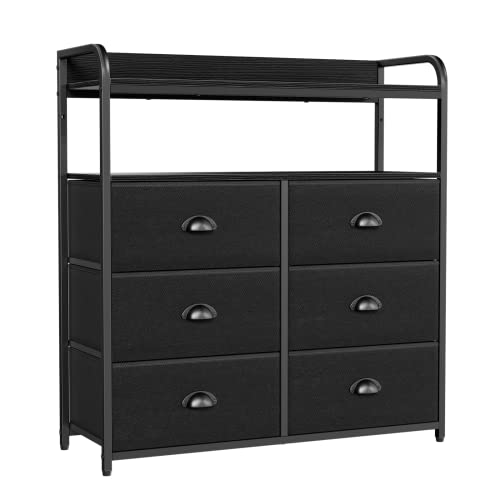 Furologee 6 Drawer Dresser Fabric, Double Shelf Black Closet Organizer Storage Tower Unit for Bedroom, Living Room Entryway, Rustic Bins, Sturdy Metal Frame
