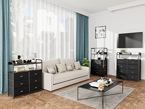Furologee 6 Drawer Dresser Fabric, Double Shelf Black Closet Organizer Storage Tower Unit for Bedroom, Living Room Entryway, Rustic Bins, Sturdy Metal Frame