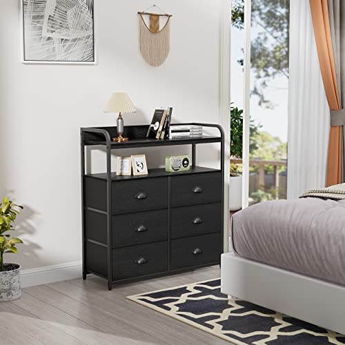 Furologee 6 Drawer Dresser Fabric, Double Shelf Black Closet Organizer Storage Tower Unit for Bedroom, Living Room Entryway, Rustic Bins, Sturdy Metal Frame